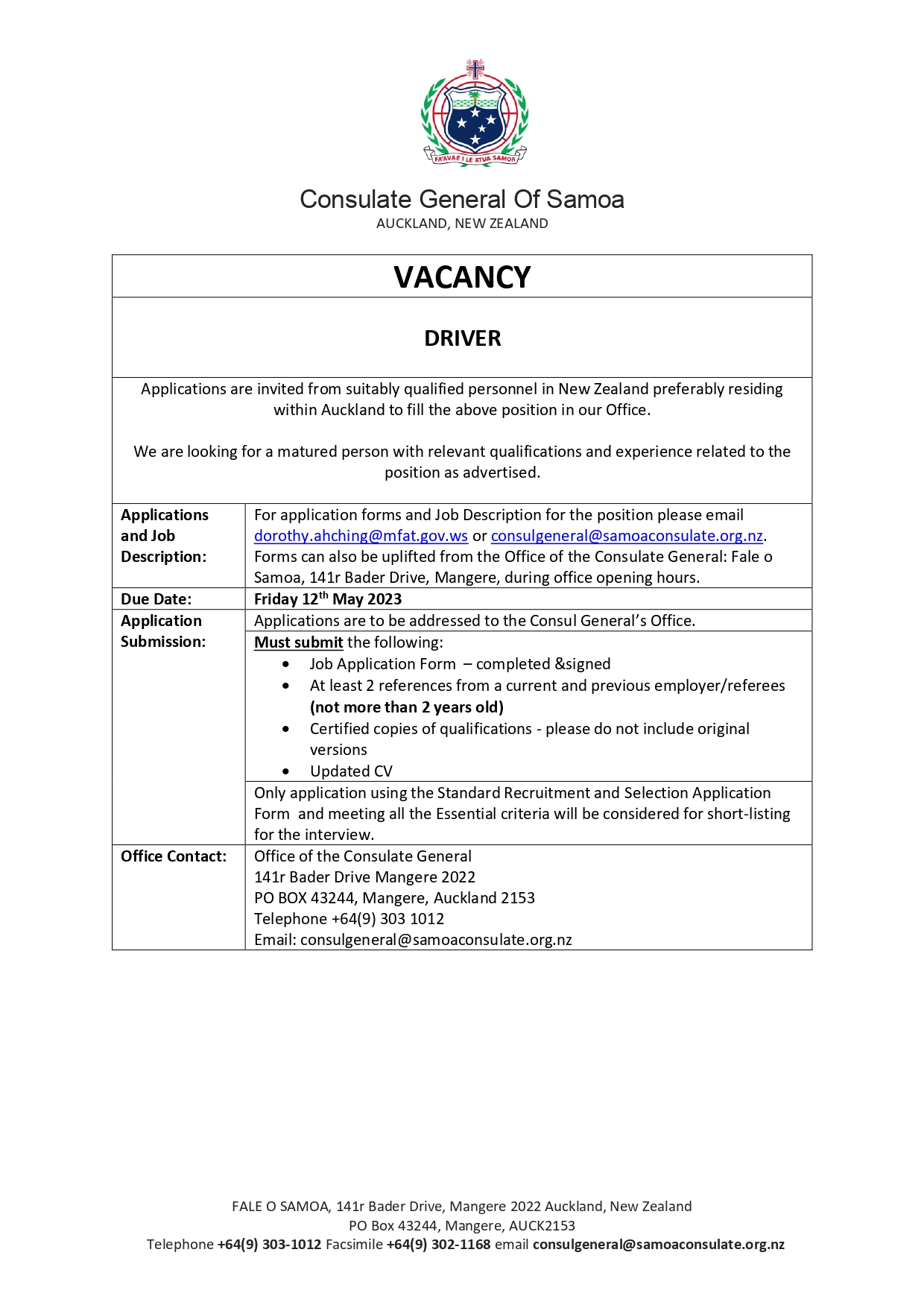 Vacancies | Samoa High Commission